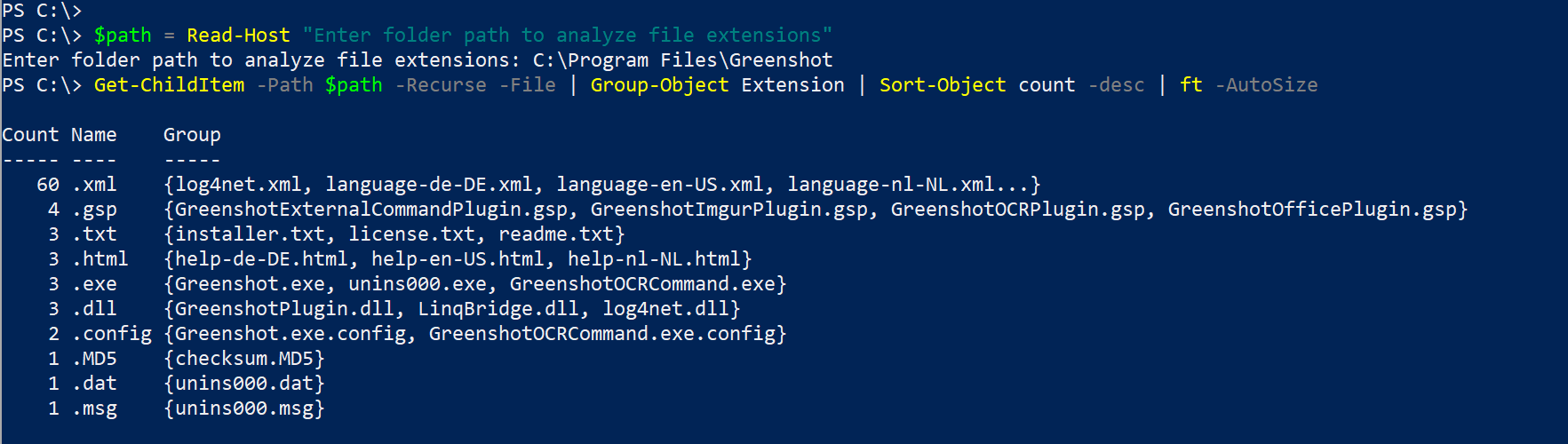 PowerShell Determine All File Extensions And Count To Files By